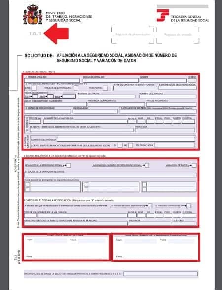 Modelo Ta1 de la Seguridad Social, solicitar afiliación - Seg. Social